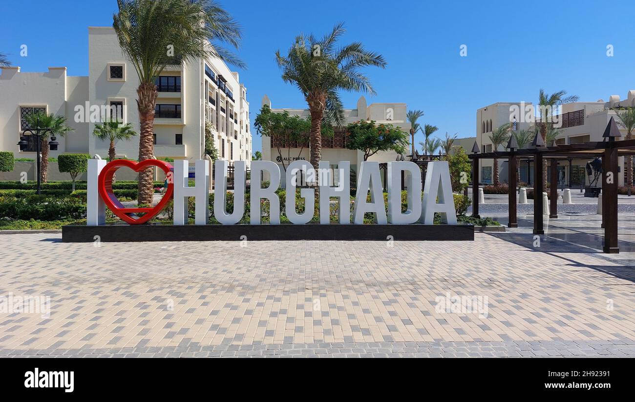 Sign saying I love Hurghada in the square on a sunny day in Hurghada ...