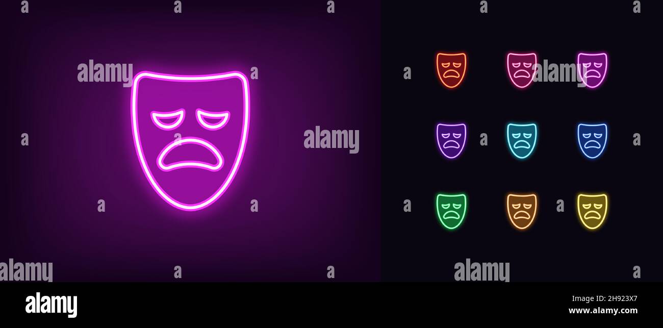 Neon tragedy mask, outline icon. Glowing neon drama mask, sad face ...