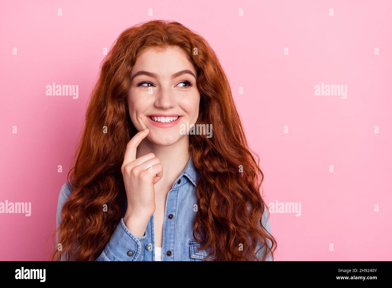 Photo of young cheerful girl happy positive smile finger touch chin ...