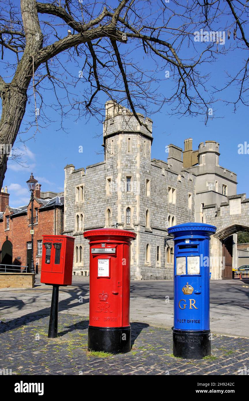Red post box, stamp dispenser and blue airmail post box, High Street ...