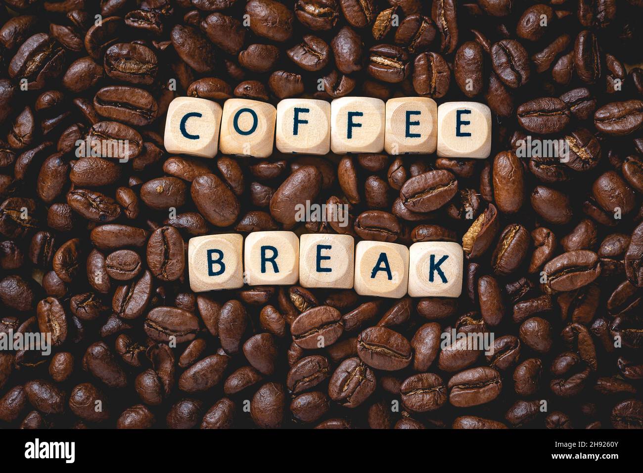 Top view of coffee beans with coffee break text in the center Stock ...