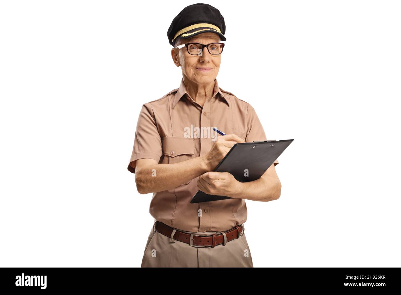 Mature officer writing a document isolated on white background Stock ...