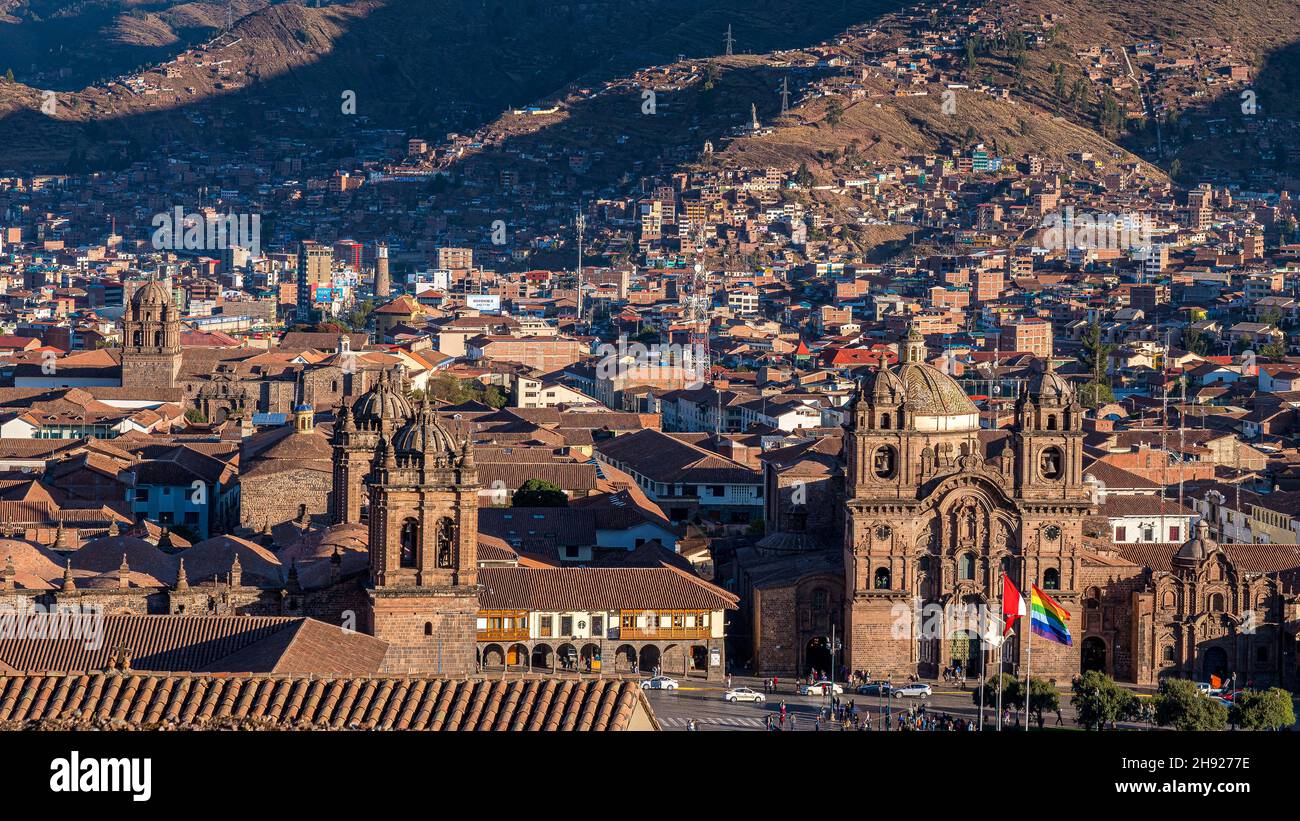 Aerial view of the Cathedral of Cusco and other historical buildings in ...