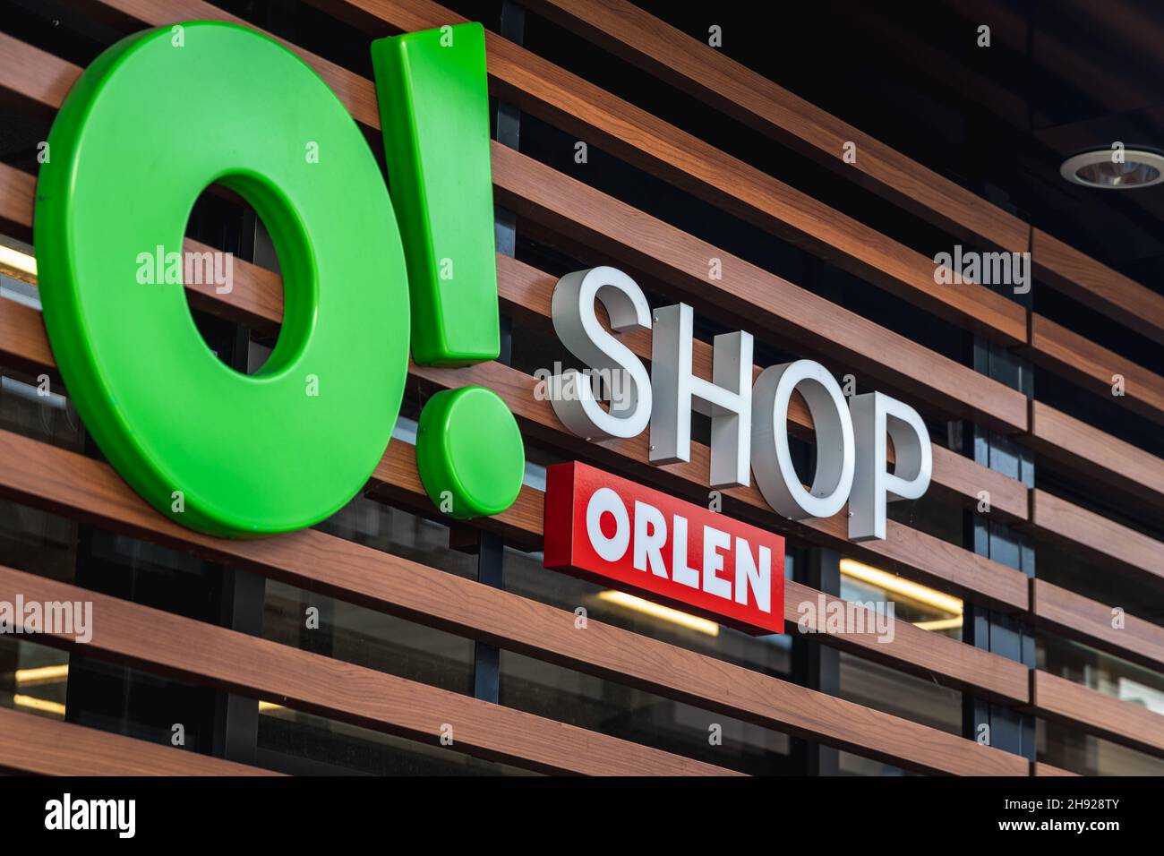 Shop sign on Orlen petrol station of PKN Orlen company in Warsaw ...