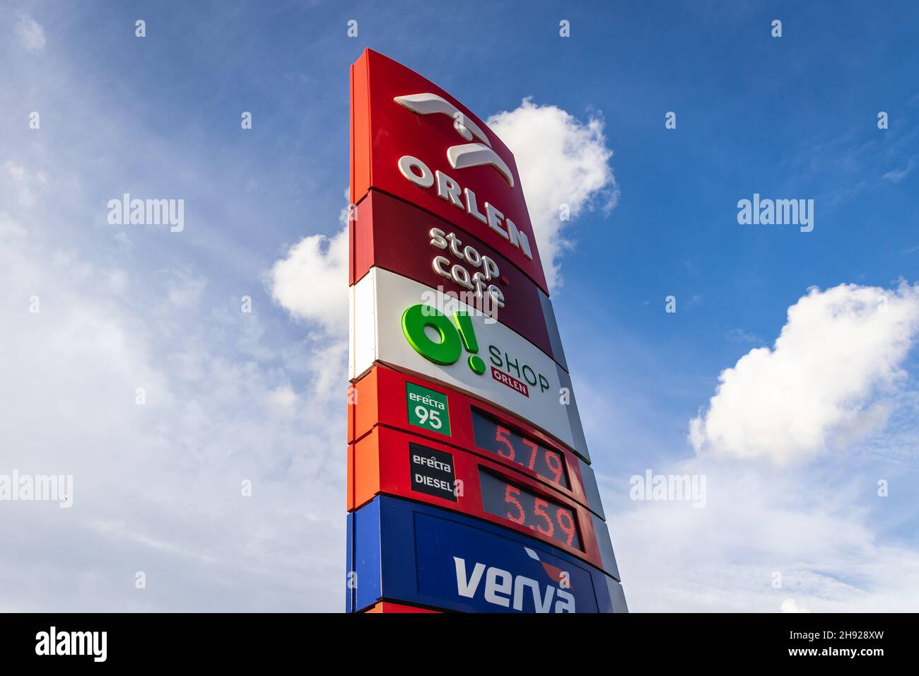 Sign with gas prices on Orlen petrol station of PKN Orlen company in ...