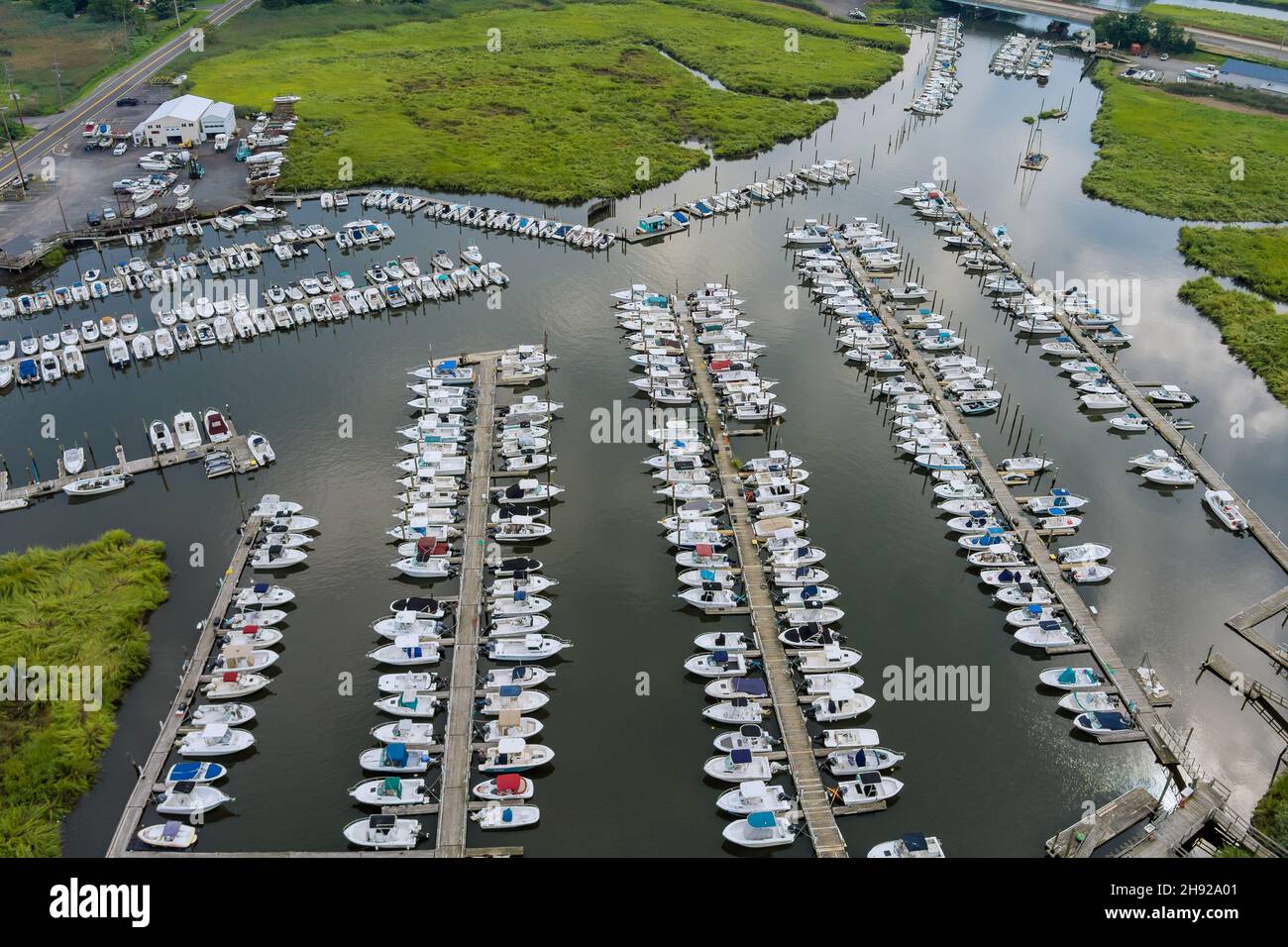 Aerial top view of sailboat harbor many beautiful yachts in the sea ...