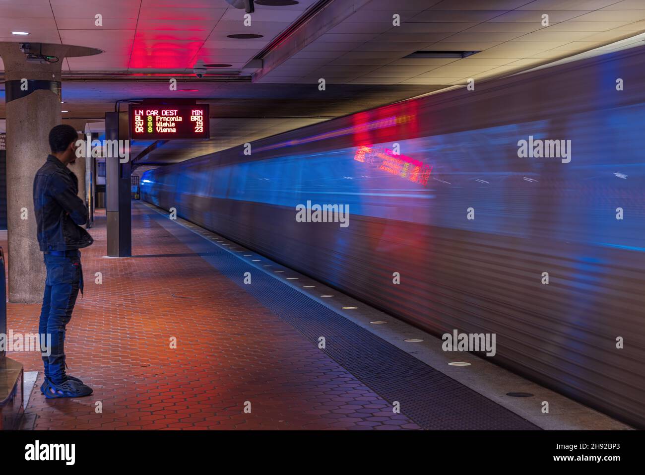 WASHINGTON, DC - AUGUST 14, 2021: Train arriving at Metro station in ...