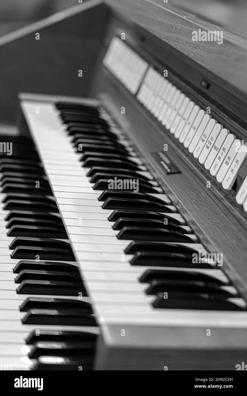 Grayscale shot of pipe organ keyboard Stock Photo - Alamy