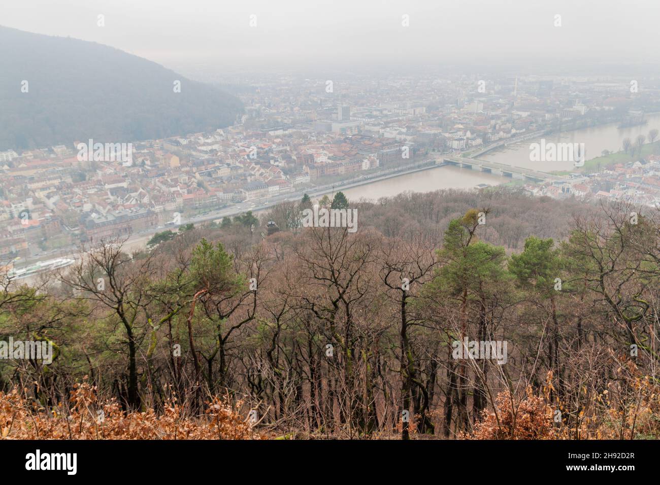Aerial view of Heidelberg at a misty winter day, Germany Stock Photo ...