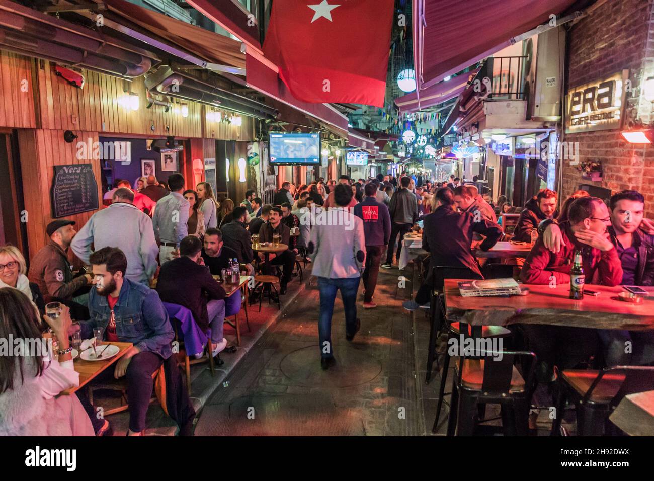 ISTANBUL, TURKEY - APRIL 30, 2017: Bars on Nevizade Sokak street in ...