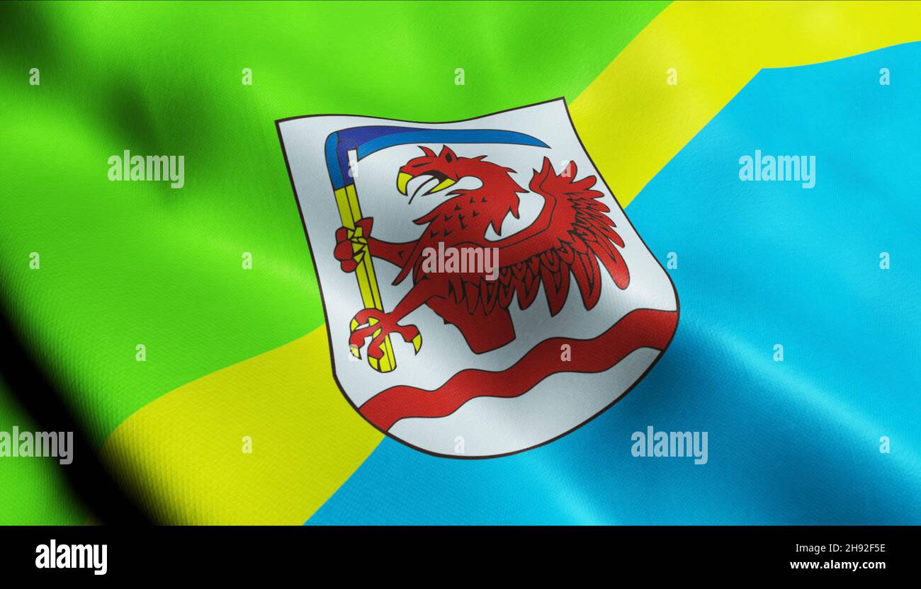3D Illustration of a waving Poland city flag of Miastko Stock Photo - Alamy