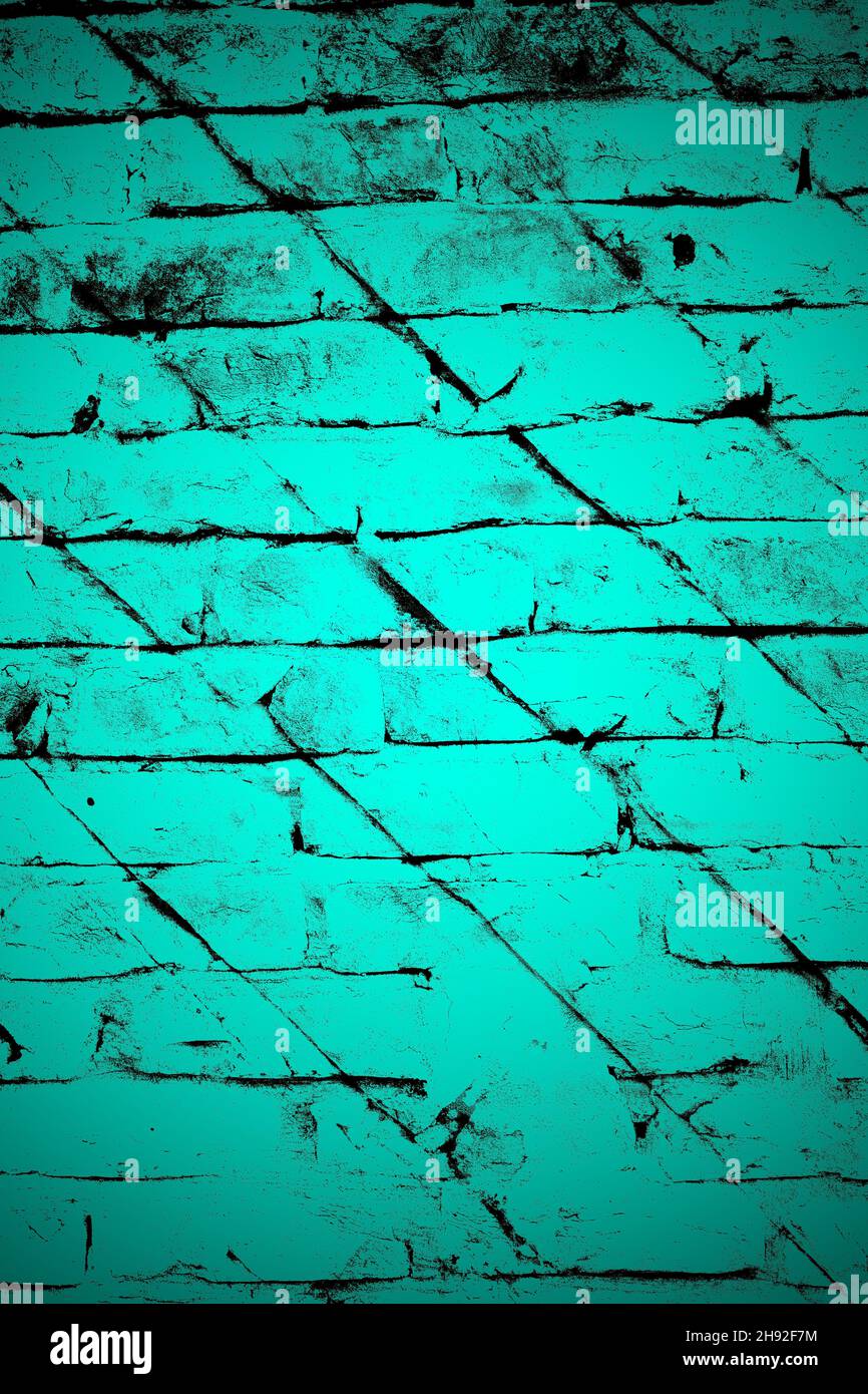Old abandoned cyan color concrete wall with brick pattern grunge ...