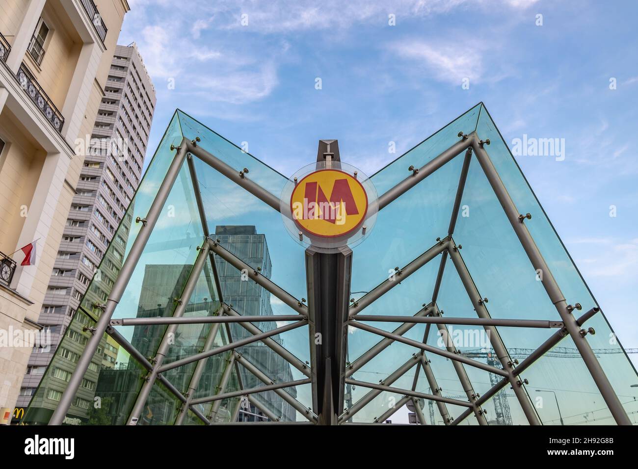 Metro sign on a Swietokrzyska station in city center of Warsaw city ...