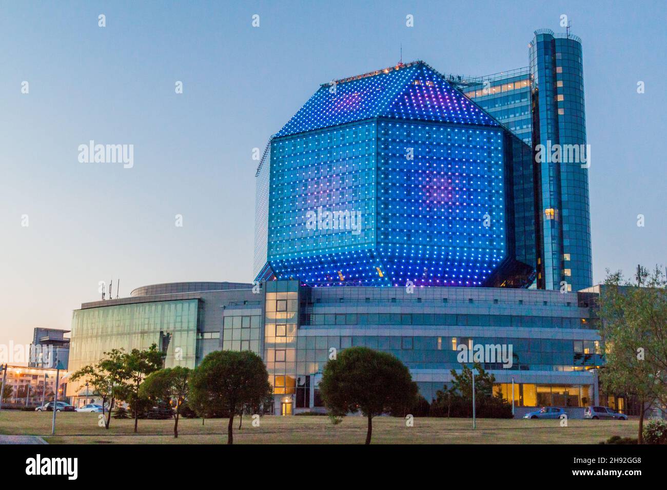 Evening view of the building of the National Library of Belarus in ...