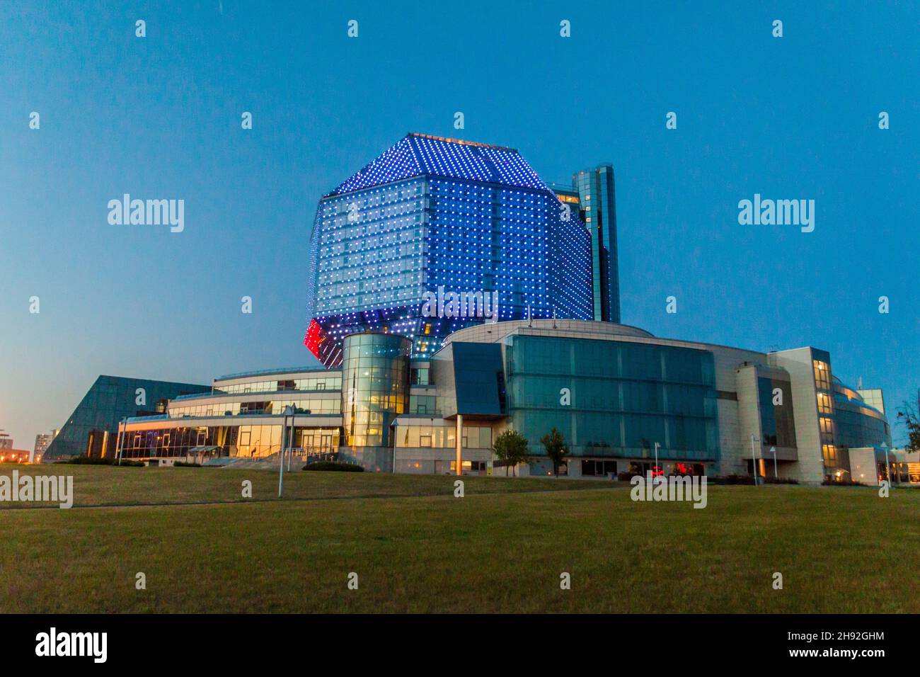 Evening view of the building of the National Library of Belarus in ...