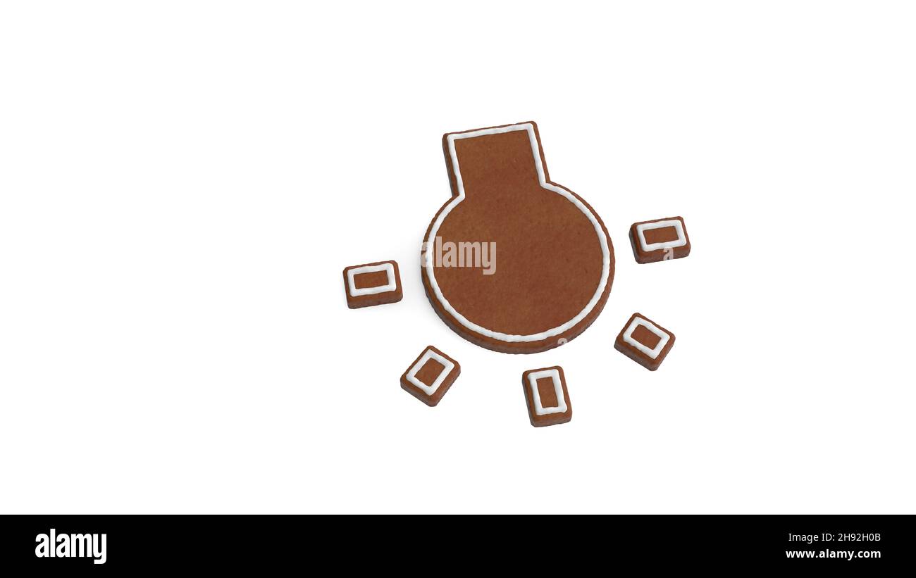 3d Rendering Of Gingerbread Cookie In Shape Of Symbol Of Bulb With Rays Isolated On White