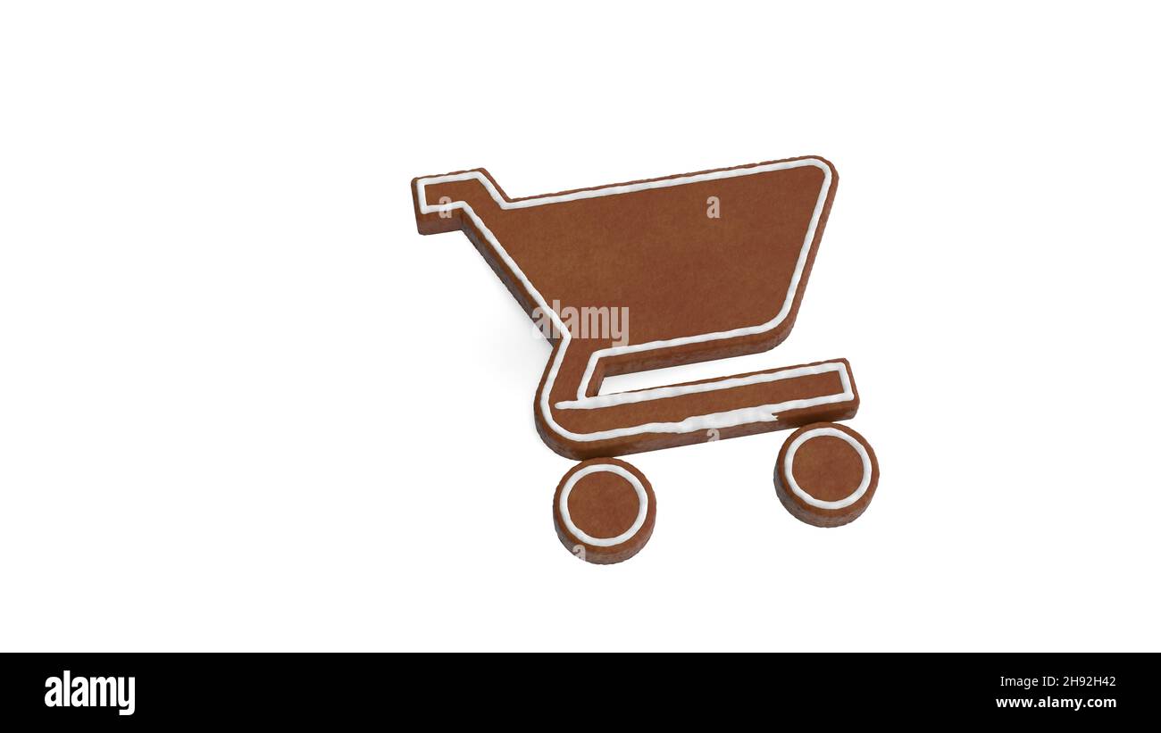 3d Rendering Of Gingerbread Cookie In Shape Of Symbol Of Cart Isolated On White Background With