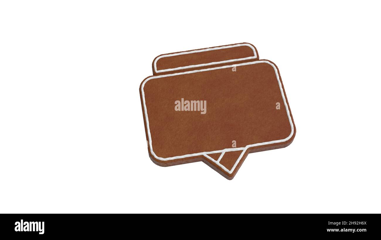 3d Rendering Of Gingerbread Cookie In Shape Of Symbol Of Two Rectangular Chat Bubbles Isolated