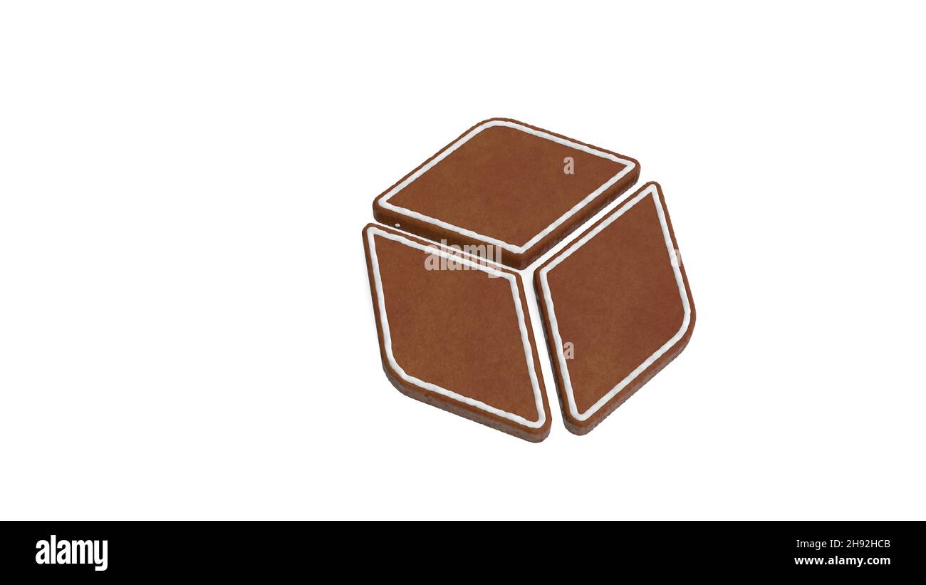 3d Rendering Of Gingerbread Cookie In Shape Of Symbol Of Cube Isolated On White Background With