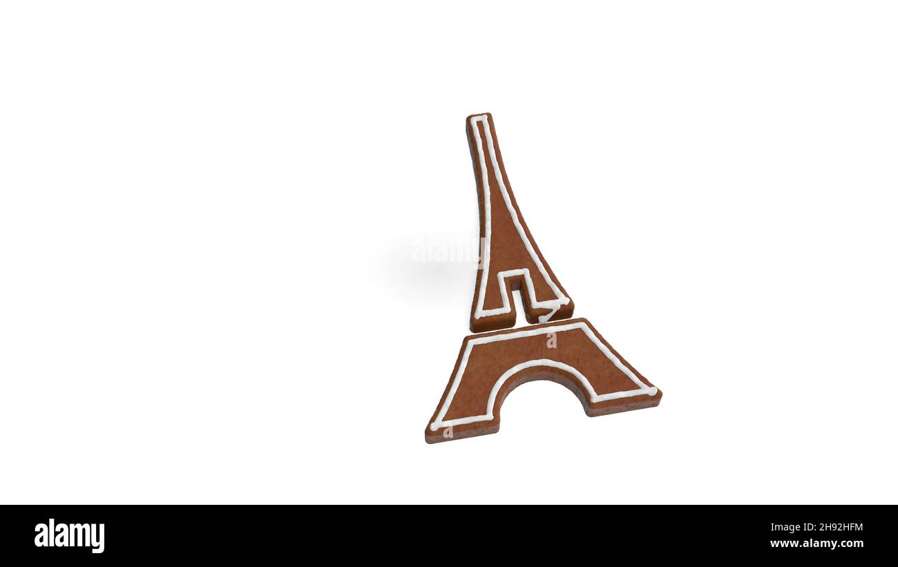 3d rendering of gingerbread cookie in shape of symbol of Eiffel tower isolated on white ...