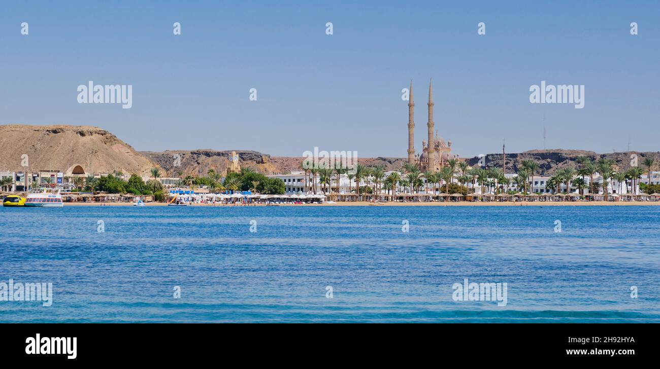 View from Red Sea to Sharm El Maya Beach and El Sahaba Mosque. Sharm El ...