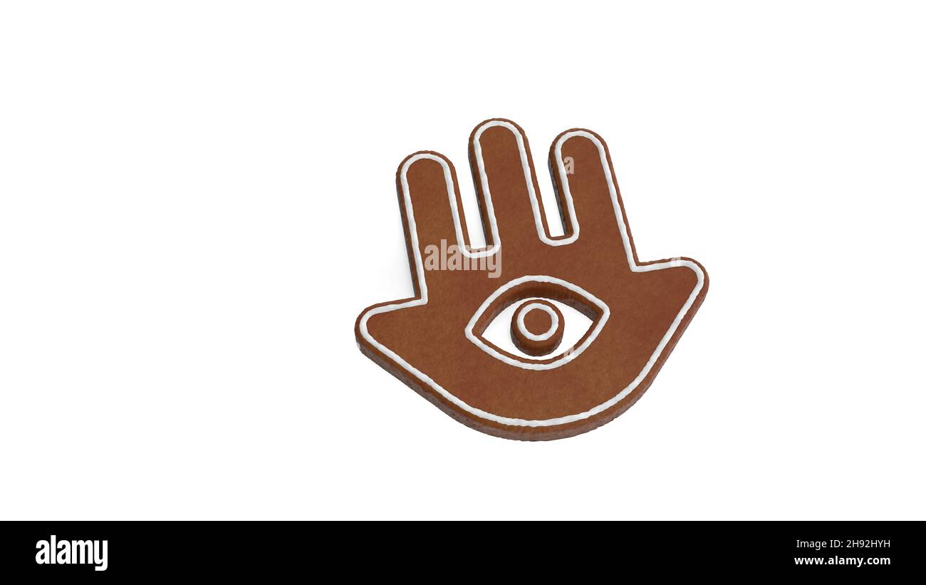 3d Rendering Of Gingerbread Cookie In Shape Of Symbol Of Hand With Eye Inside Isolated On White