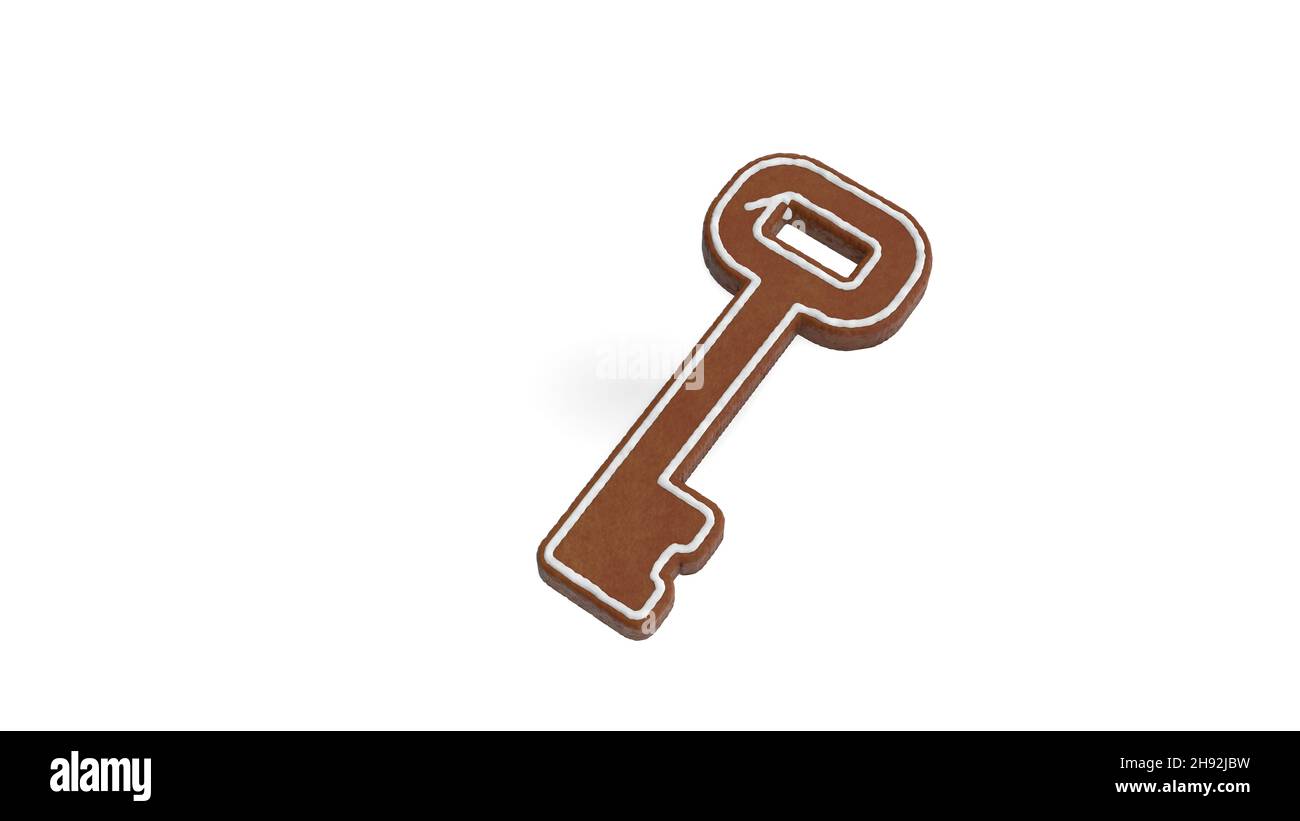 3d rendering of gingerbread cookie in shape of symbol of key isolated ...