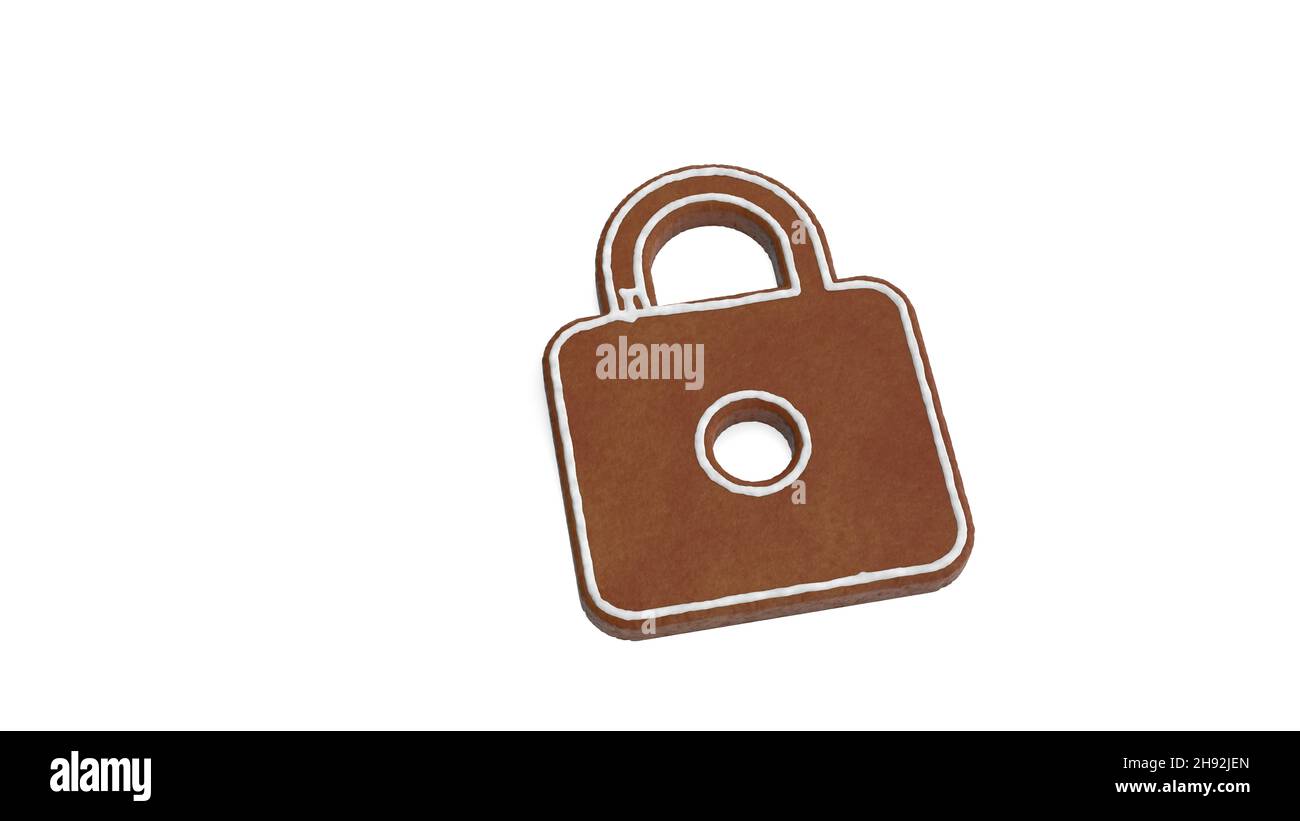 3d Rendering Of Gingerbread Cookie In Shape Of Symbol Of Locked Padlock Isolated On White