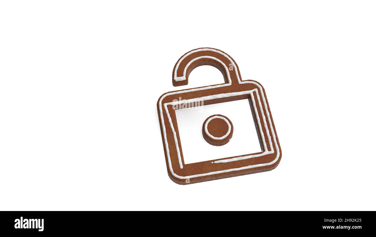 3d rendering of gingerbread cookie in shape of symbol of open padlock ...