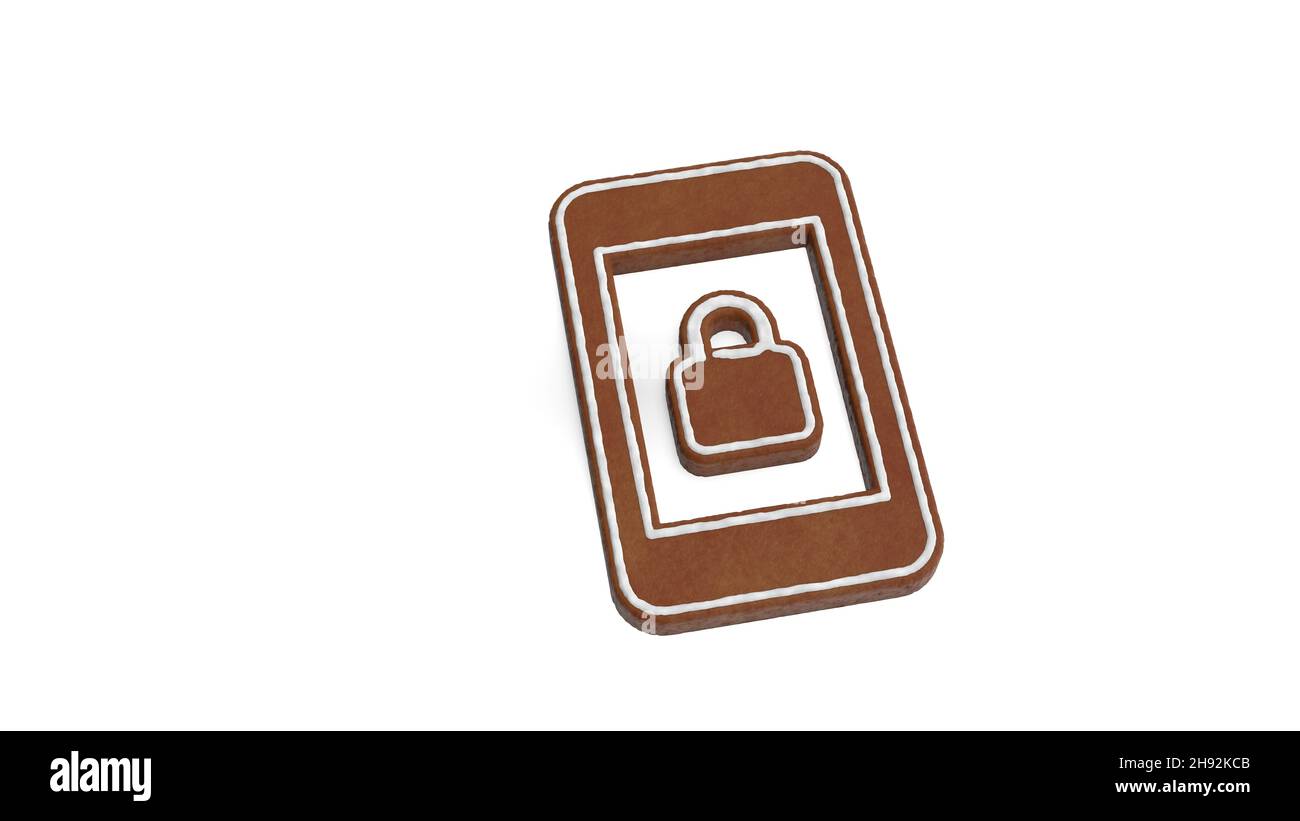 3d rendering of gingerbread cookie in shape of symbol of mobile phone ...