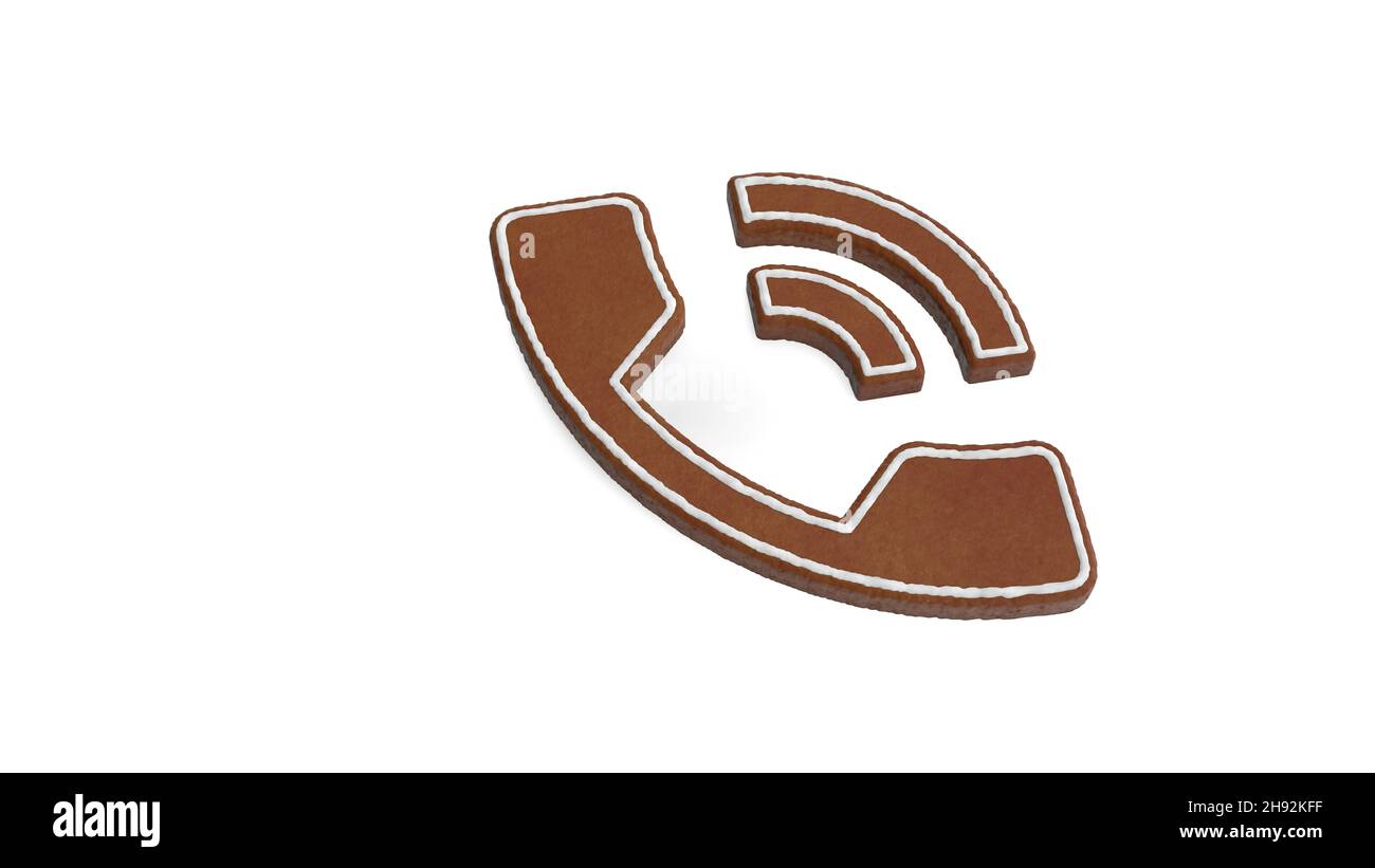 3d Rendering Of Gingerbread Cookie In Shape Of Symbol Of Phone With Two Sound Waves Isolated On