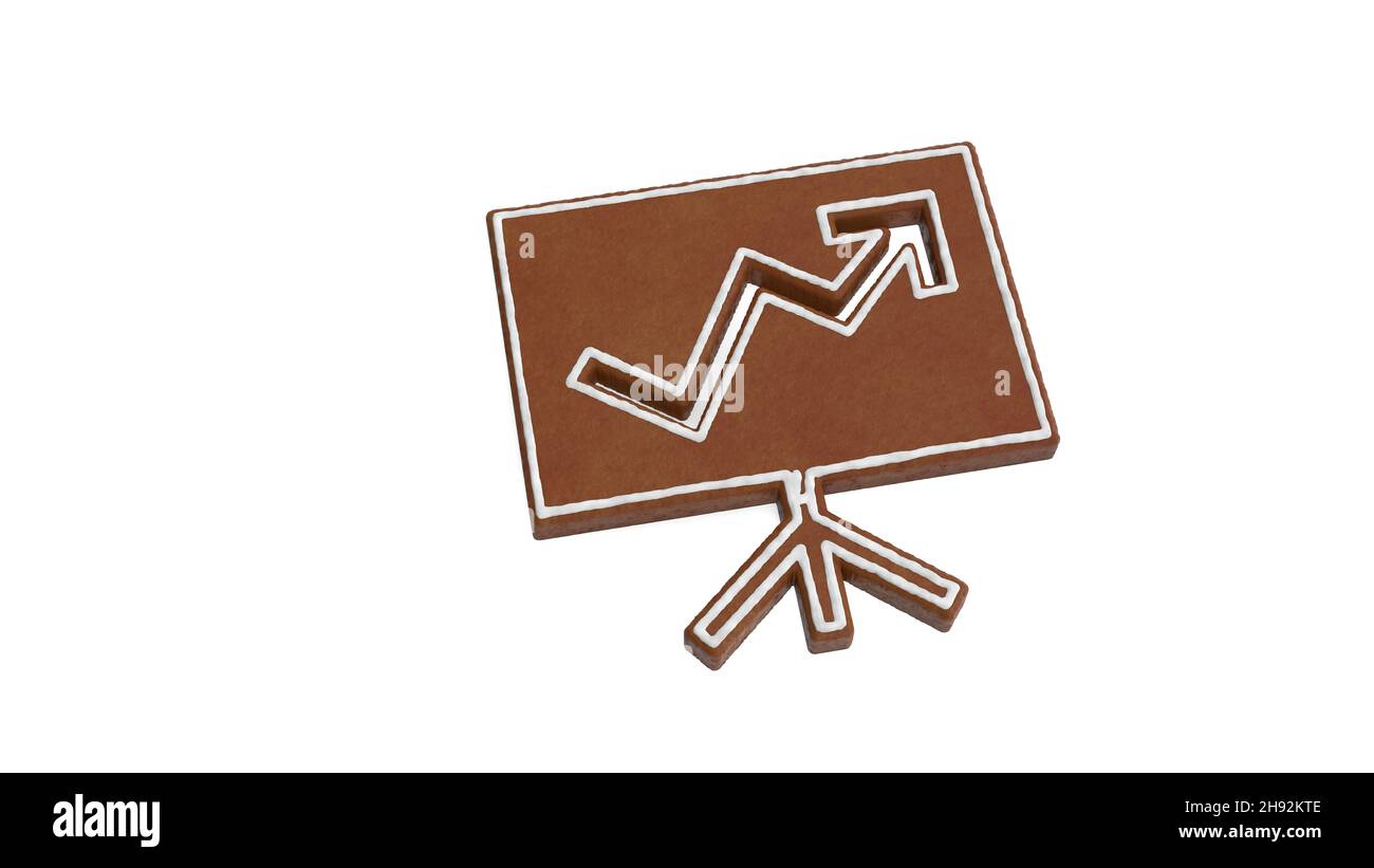 3d Rendering Of Gingerbread Cookie In Shape Of Symbol Of Presentation Board With Arrow Chart