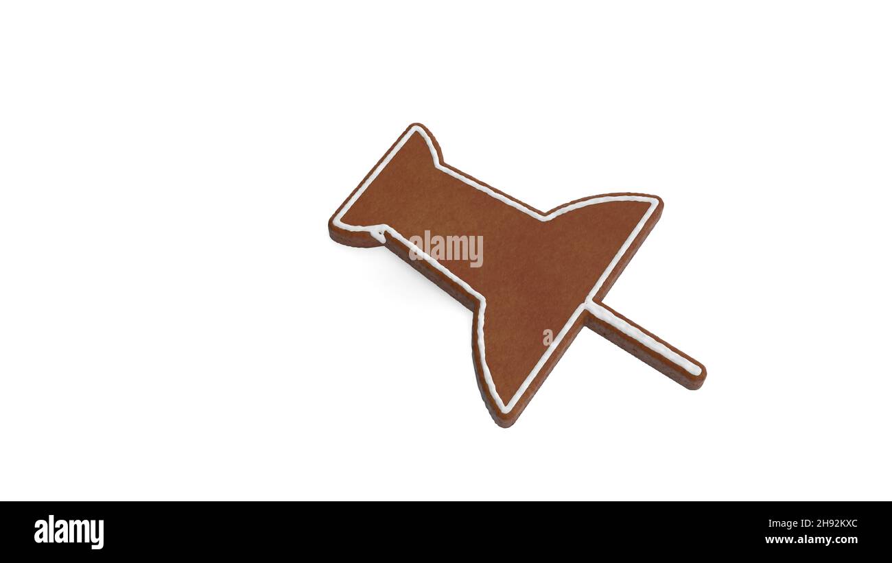 3d Rendering Of Gingerbread Cookie In Shape Of Symbol Of Push Pin Isolated On White Background