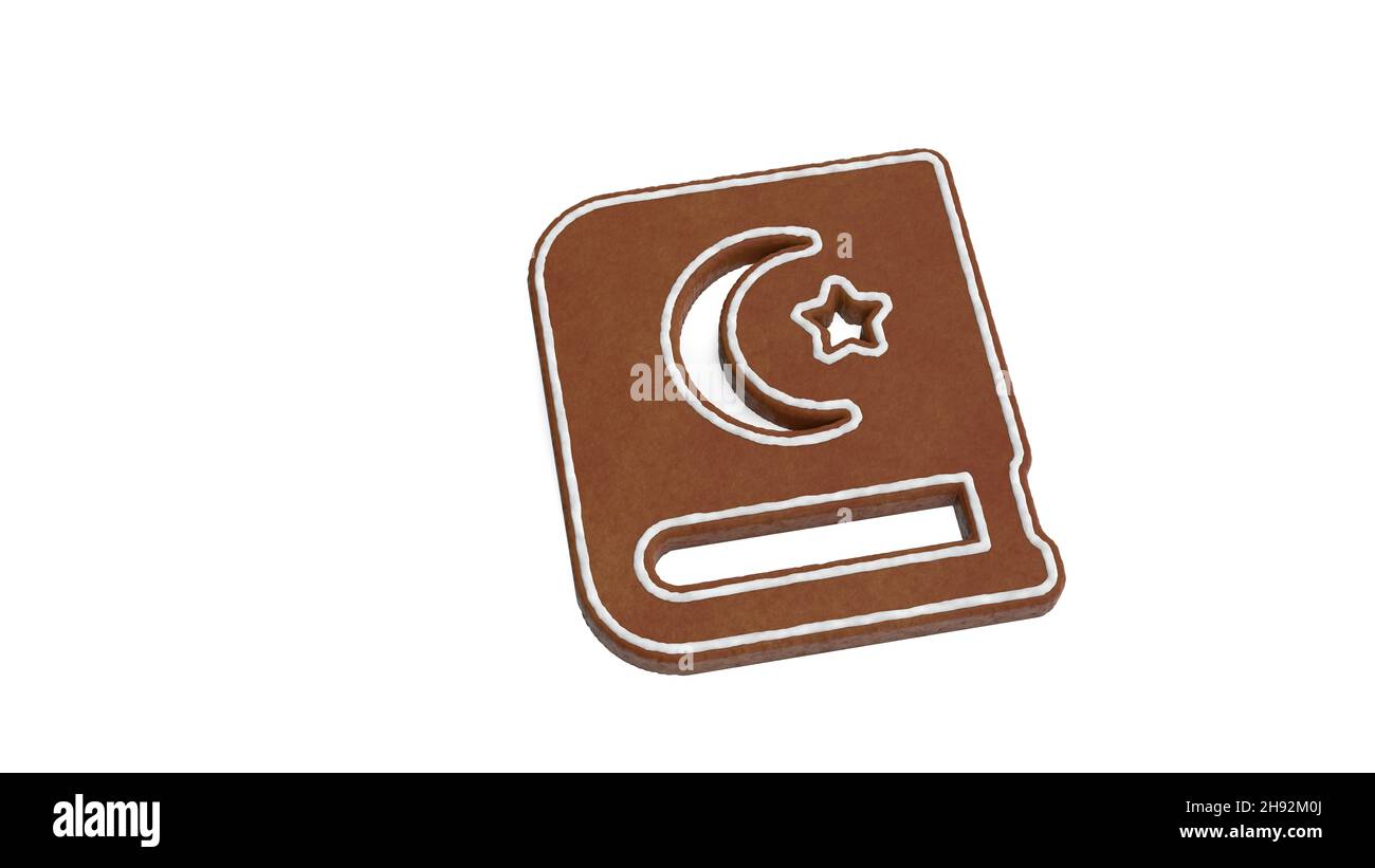 3d rendering of gingerbread cookie in shape of symbol of book with moon ...