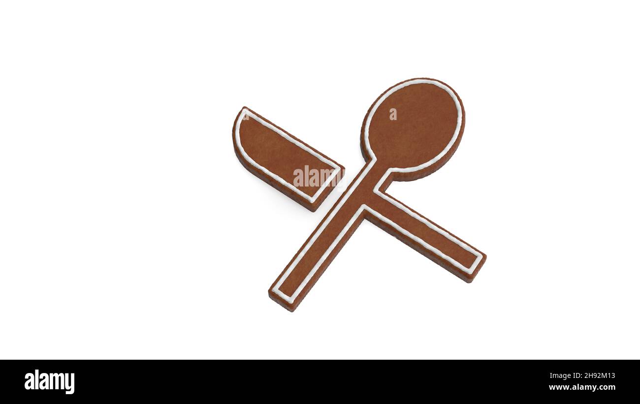 3d Rendering Of Gingerbread Cookie In Shape Of Symbol Of Cross From Spoon And Knife Isolated On