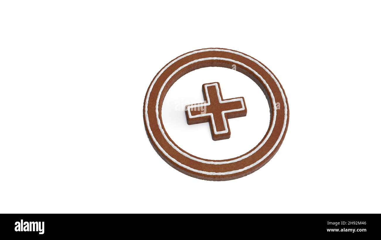 3d Rendering Of Gingerbread Cookie In Shape Of Symbol Of Plus In Circle Isolated On White
