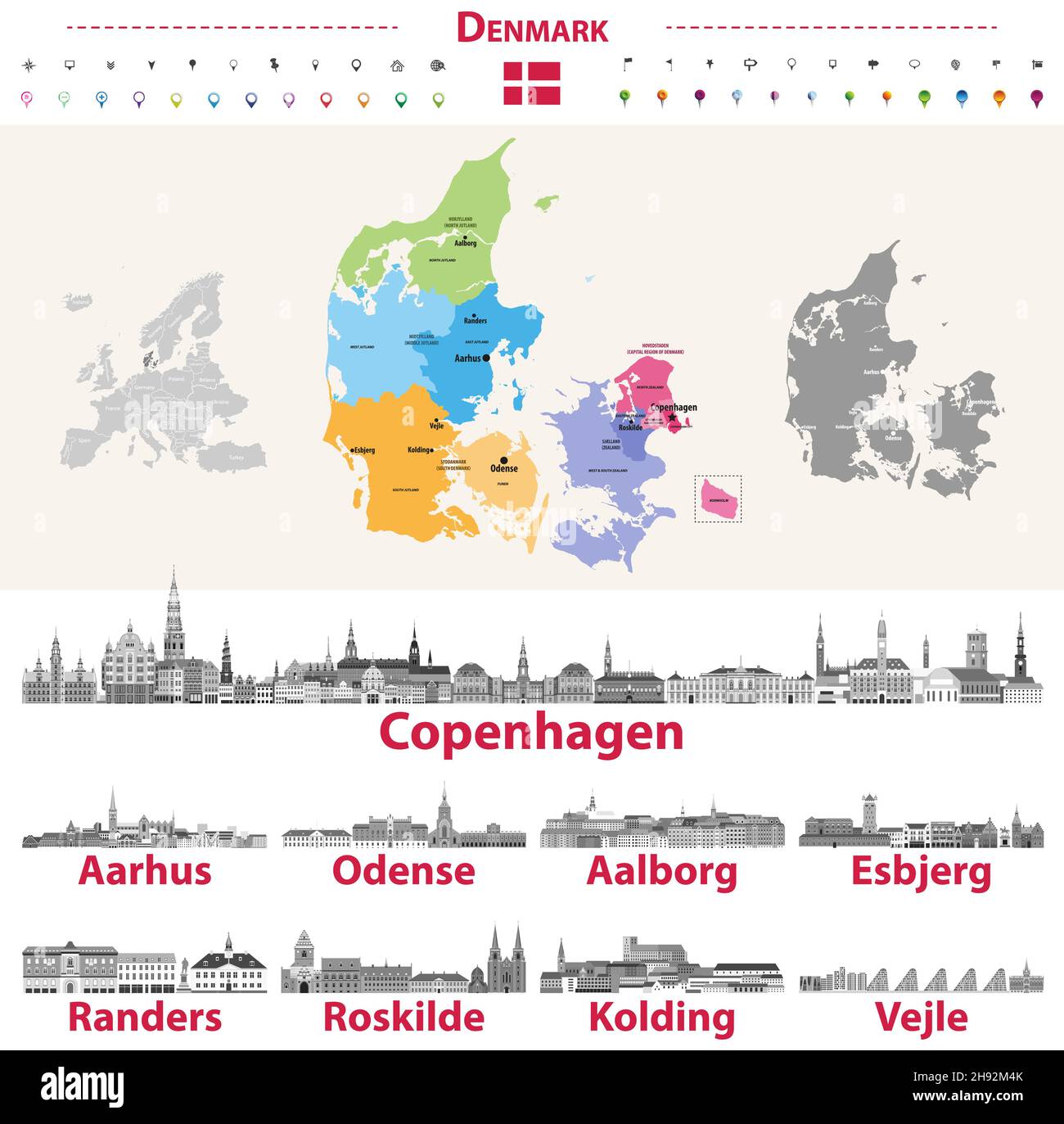 Danish skylines in grayscale color palette. Flag and map of Denmark Stock Vector Image & Art - Alamy