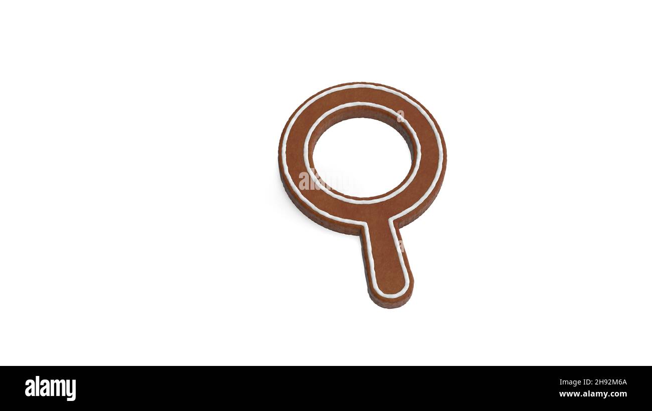 3d Rendering Of Gingerbread Cookie In Shape Of Symbol Of Magnifying Glass Isolated On White