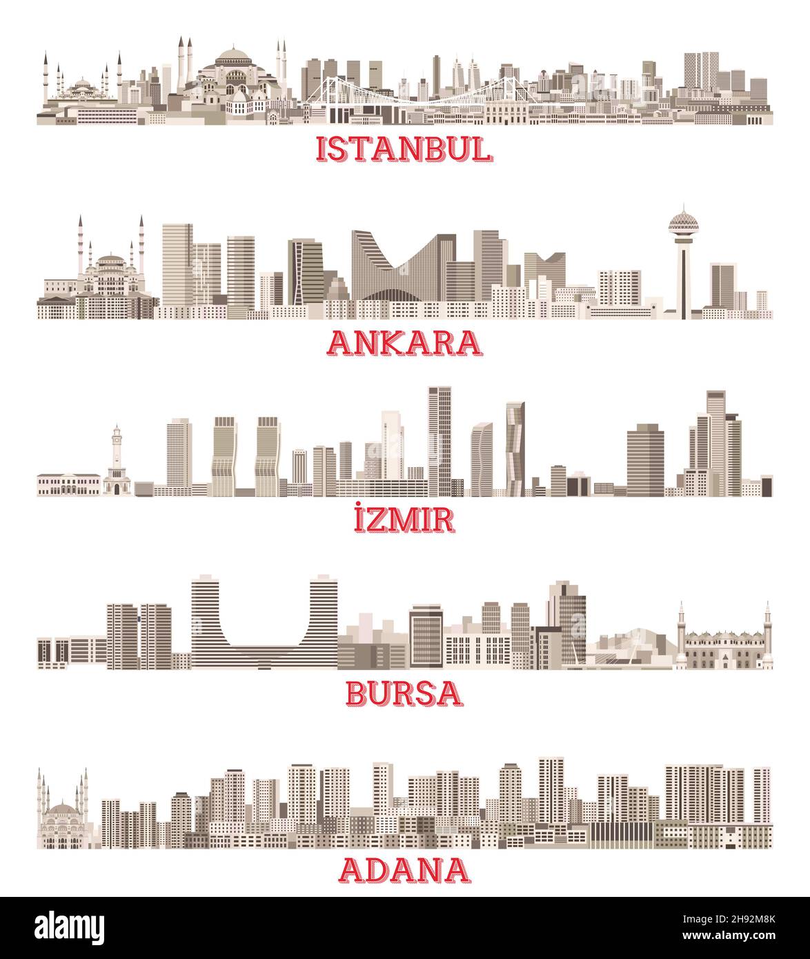 Turkish biggest cities skylines vector set in sepia color palette Stock ...