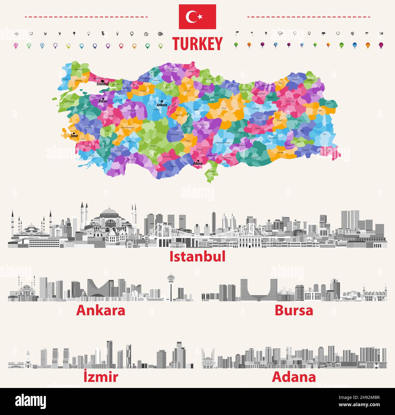 Turkish skylines in grayscale color palette. Flag and map of Turkey ...
