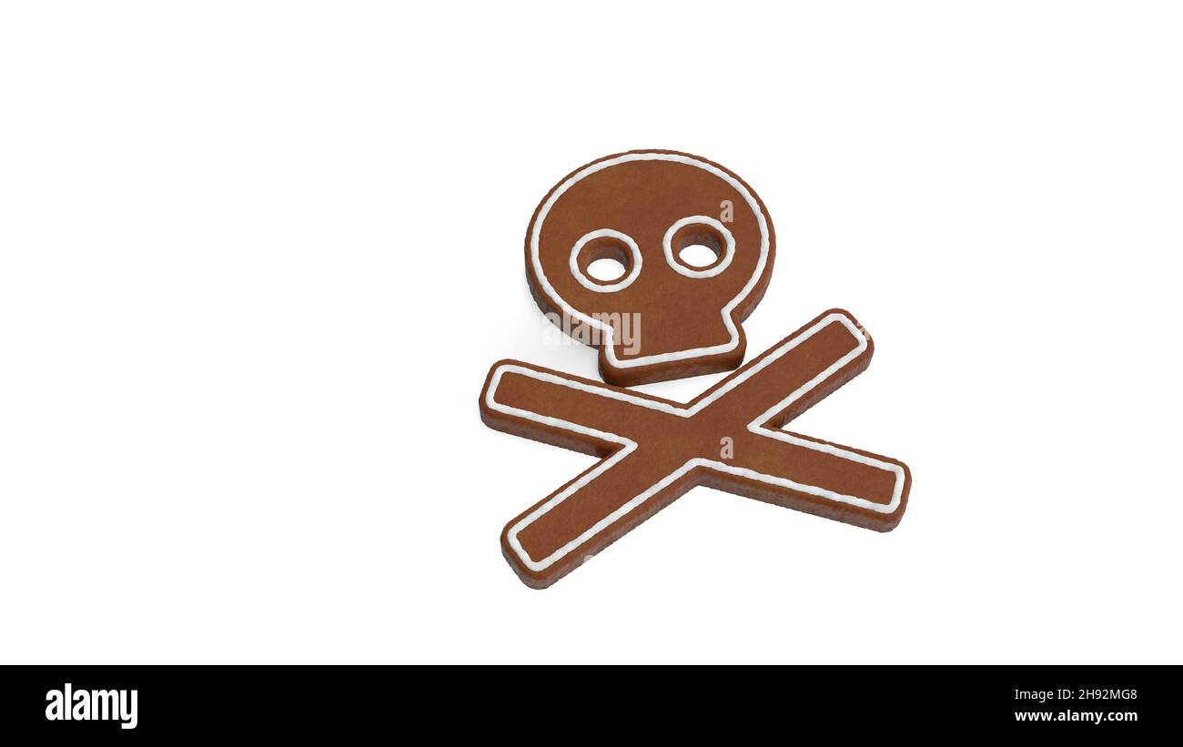 3d Rendering Of Gingerbread Cookie In Shape Of Symbol Of Skull And Crossbones Isolated On White