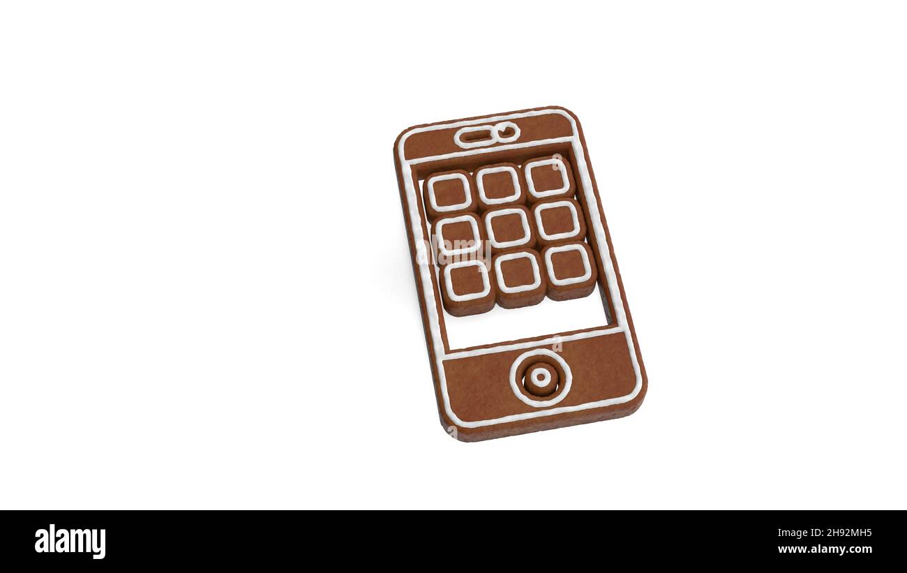 3d rendering of gingerbread cookie in shape of symbol of smartphone ...