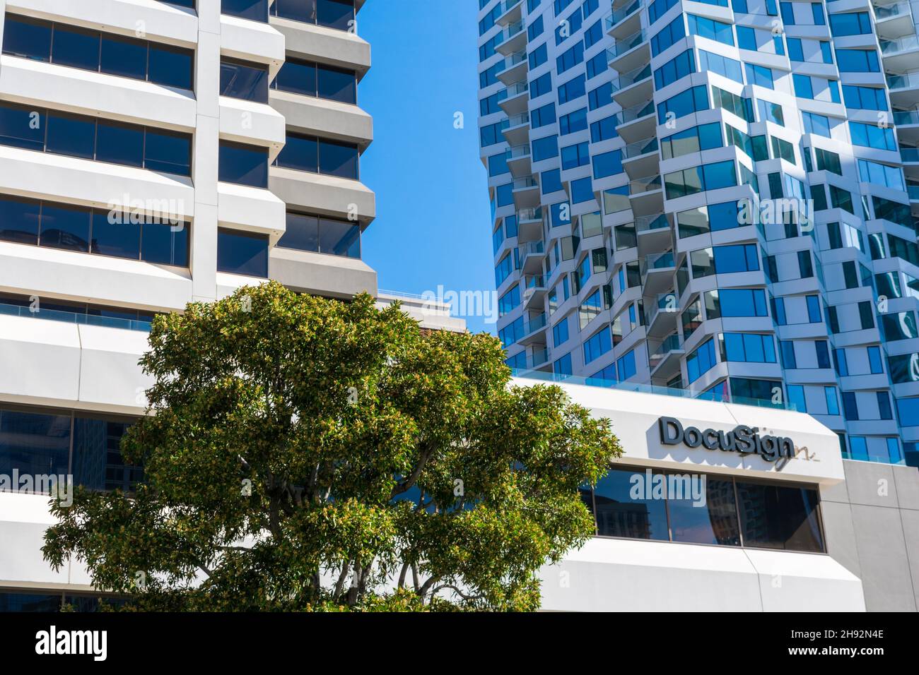 DocuSign sign and logo on facade of company headquarters building ...