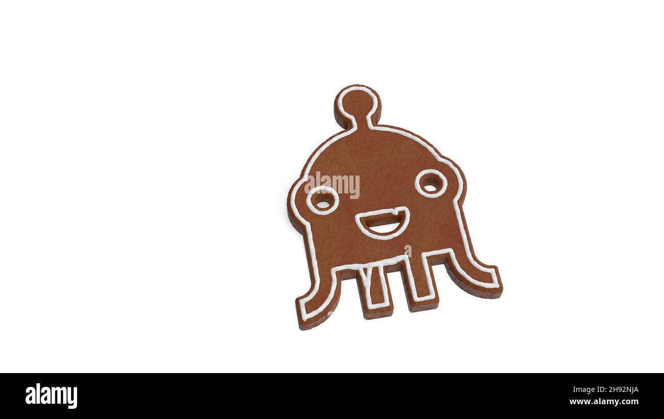 3d Rendering Of Gingerbread Cookie In Shape Of Symbol Of Alien Smile Face Isolated On White
