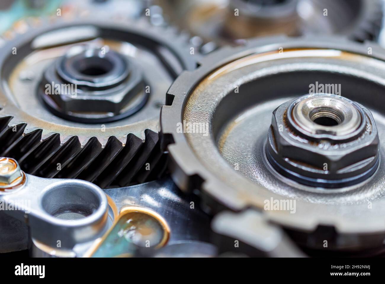 Planetary gearsets inside vehicle automatic transmission. Close up view ...