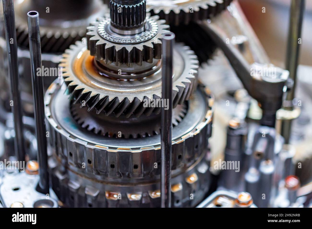 Planetary gearsets inside vehicle automatic transmission. Close up view ...
