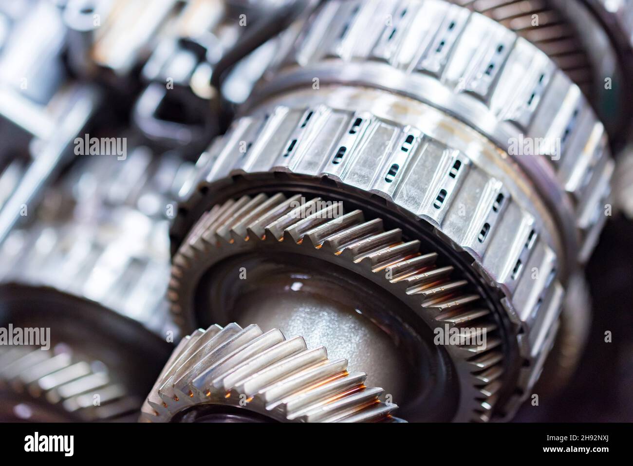 Planetary gearsets inside vehicle automatic transmission. Close up view ...