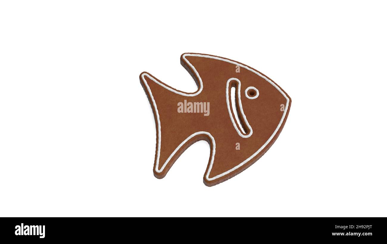 3d rendering of gingerbread cookie in shape of symbol of sea fish ...