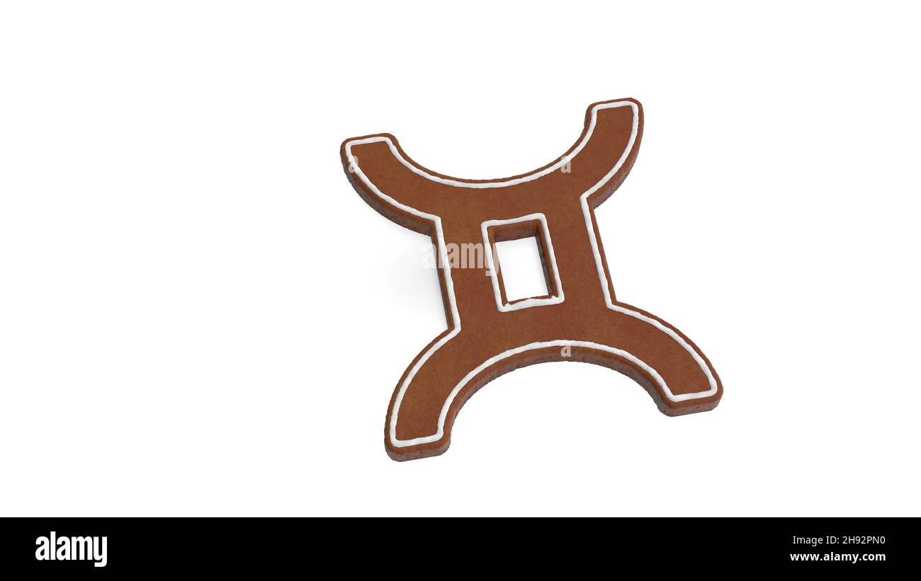 3d Rendering Of Gingerbread Cookie In Shape Of Symbol Of Gemini Zodiac Horoscope Isolated On