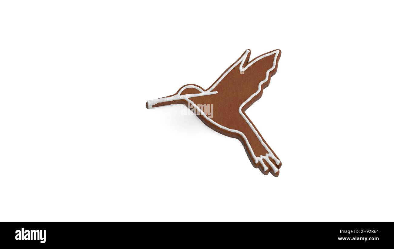 3d Rendering Of Gingerbread Cookie In Shape Of Symbol Of Tiny Flying Hummingbird Isolated On